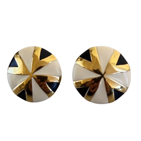Jewelry | Vintage Monet Cloisonn Enamel Gold Black And White Earrings ...